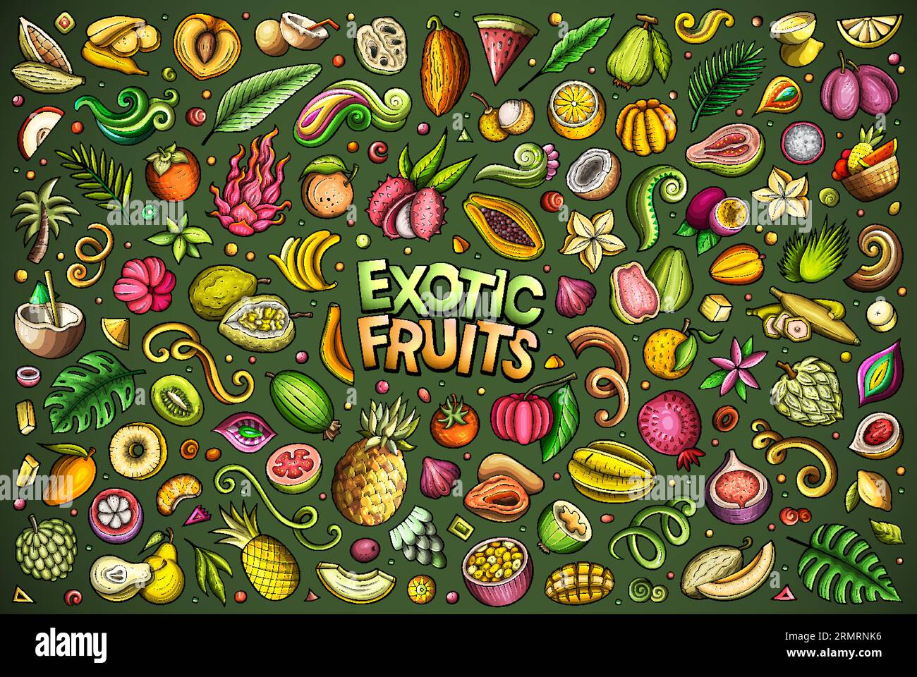 Cartoon vector doodle set features a variety of Exotic Tropical Fruits ...