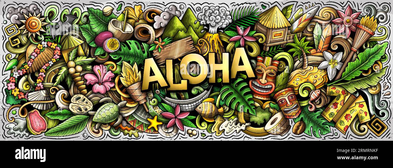 Vector illustration with Aloha Hawaii theme doodles. Vibrant and eye ...