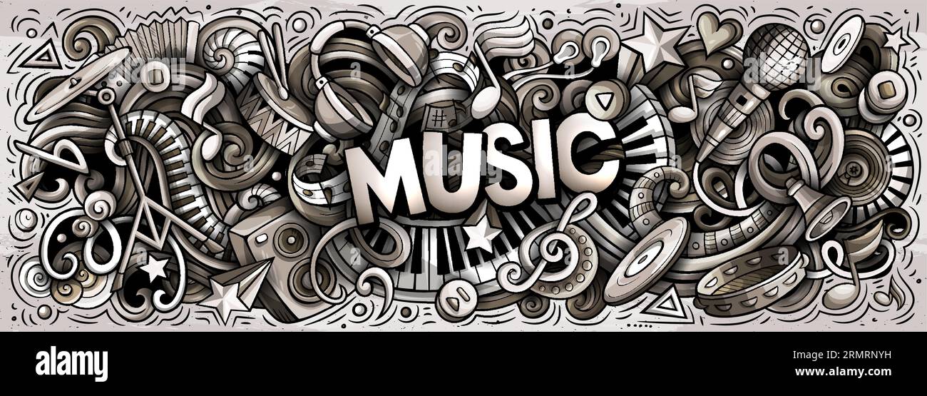 Music hand drawn cartoon doodles illustration. Musical funny objects ...
