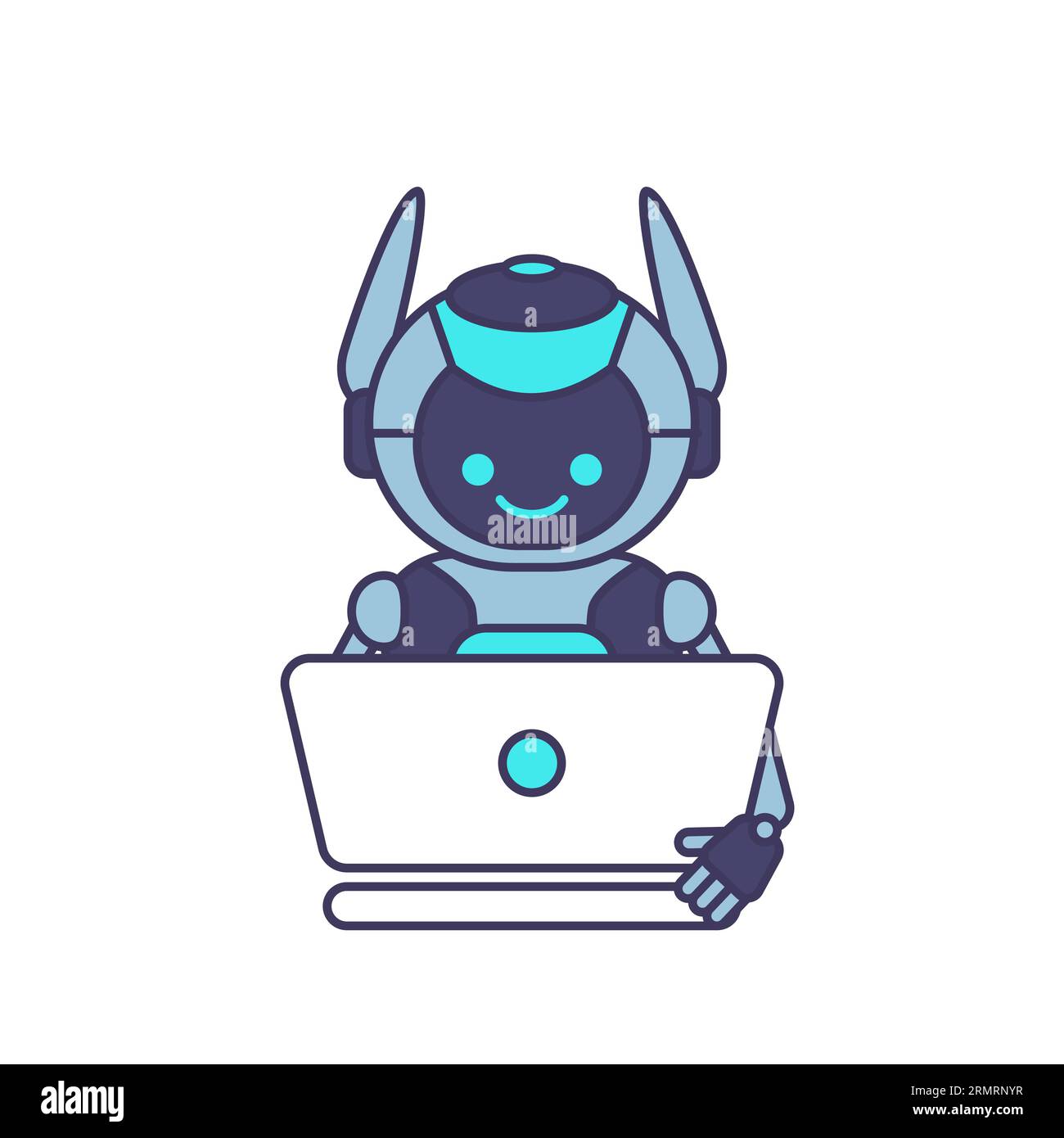 Robot character work with laptop vector illustration. Cute Cartoon ...