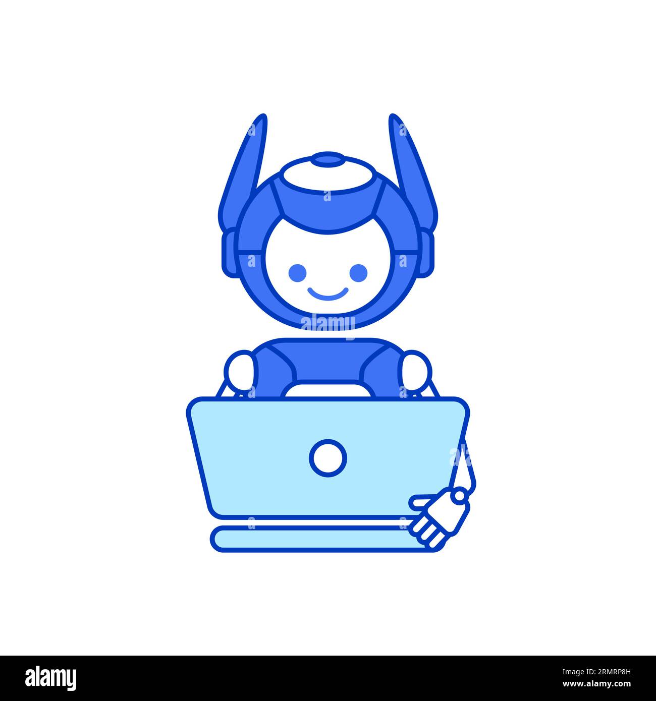 Robot character work with laptop vector illustration. Cute Cartoon ...