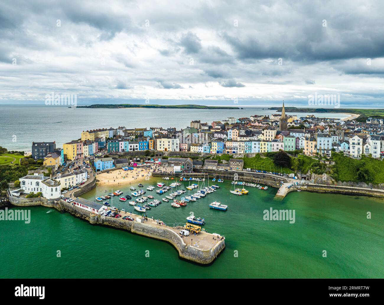 City view over Harbour and Marina from a drone, Tenby, Pembrokeshire ...