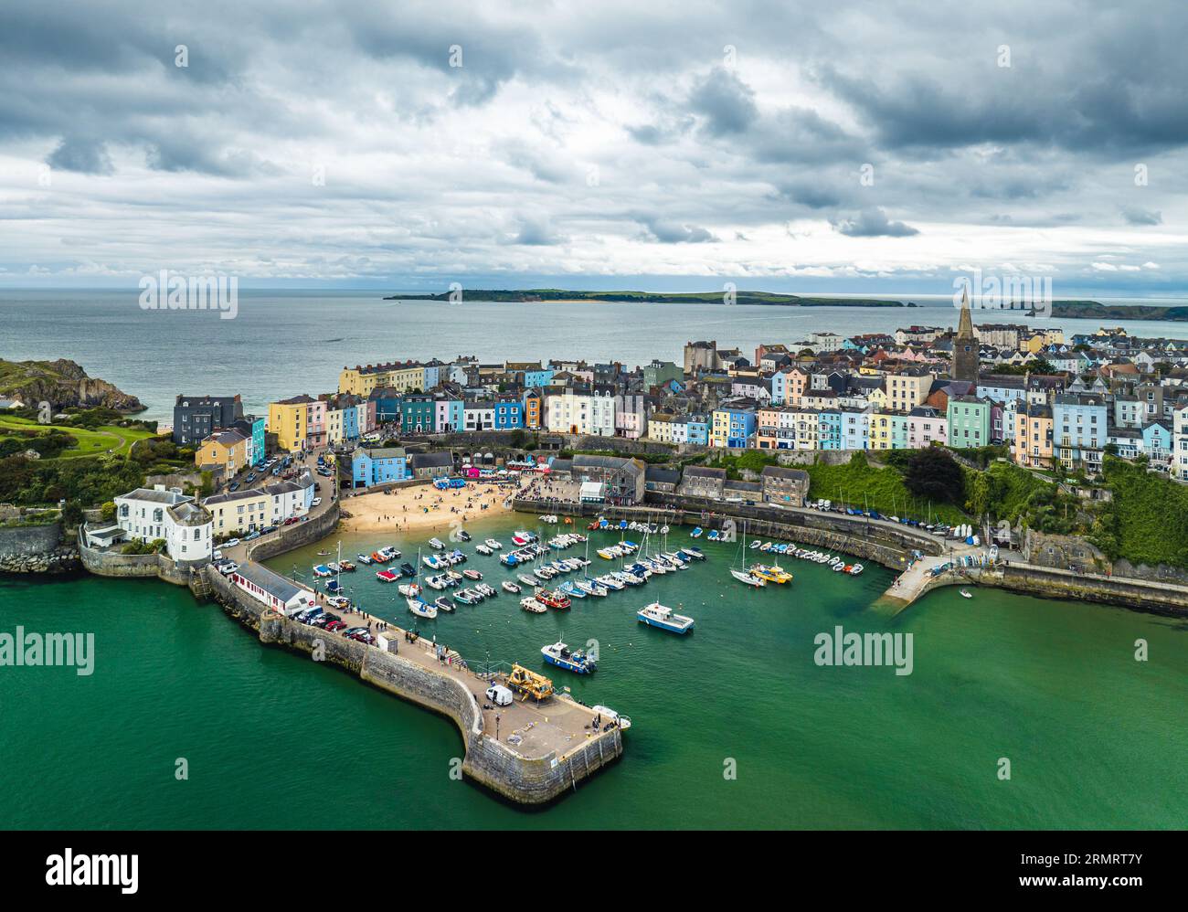 City view over Harbour and Marina from a drone, Tenby, Pembrokeshire ...