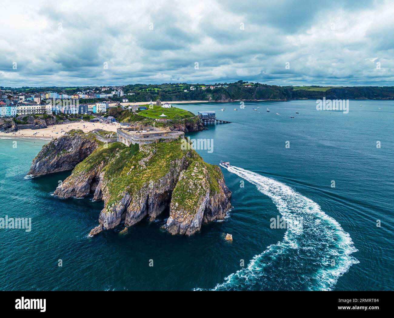 St. Catherines Island and fort from a drone, Tenby, Pembrokeshire ...