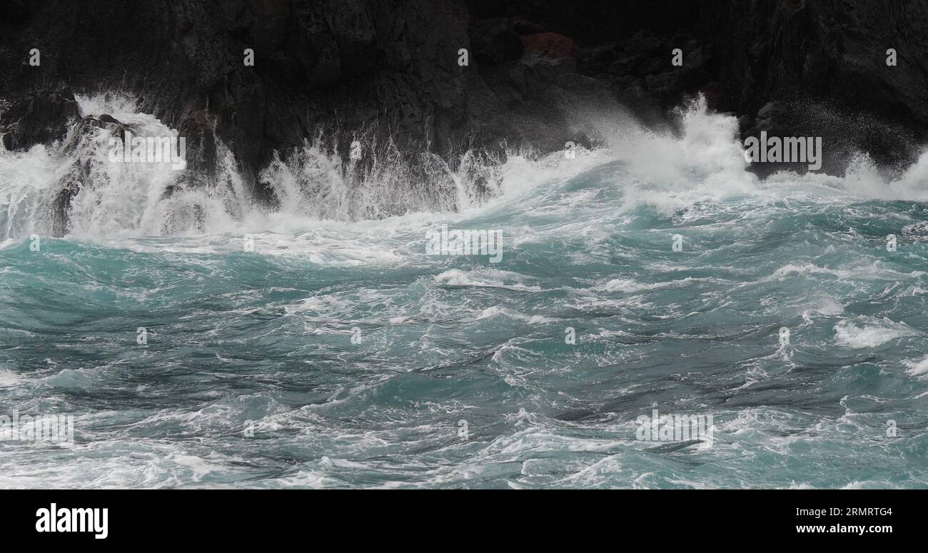 Wave crash into rock coastline, Atlantic Ocean, Porto Moniz, Madeira ...