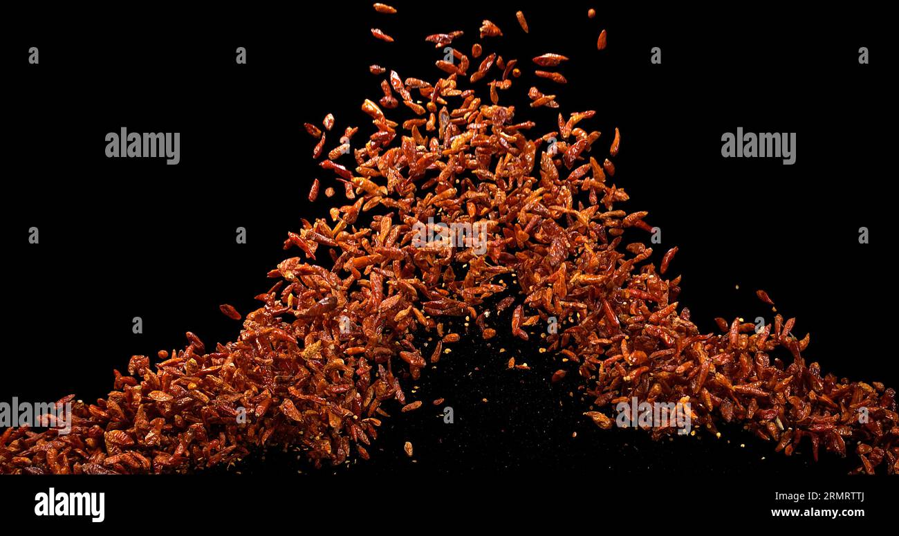 Cayenne Chili Pepper, capsicum frutescens, spice falling against Black ...
