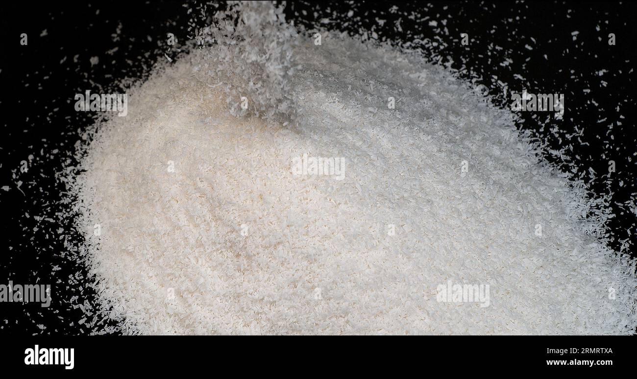 Coconut, cocos nucifera, Powder falling against Black Background Stock ...