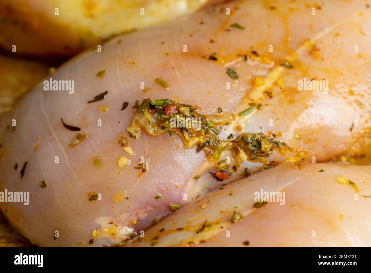 Freshly washed and skinned chicken meat, chicken fillets with salt and ...