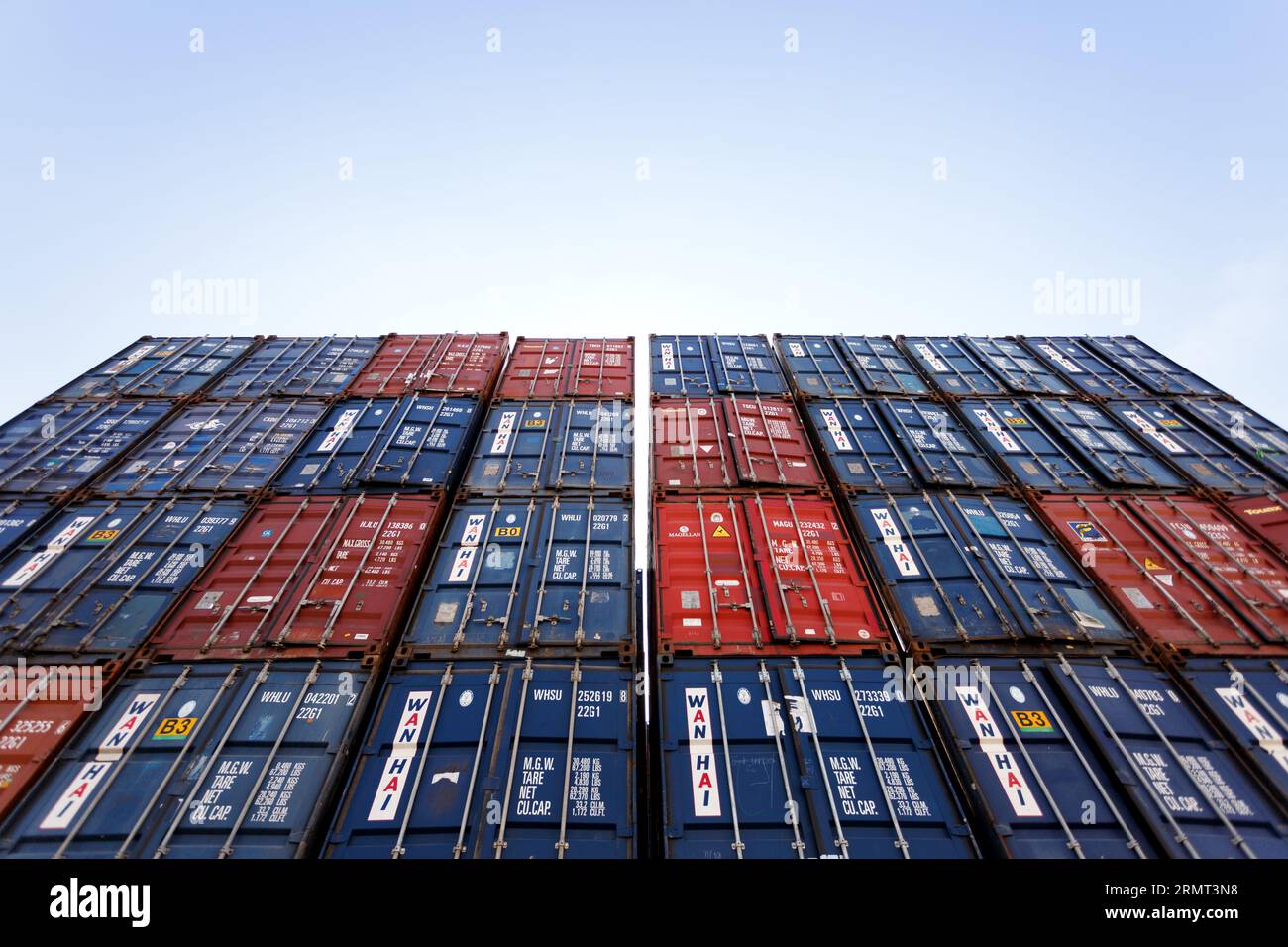 Bangkok, Thailand - July 9, 2023 : Low angle view of stack of container ...