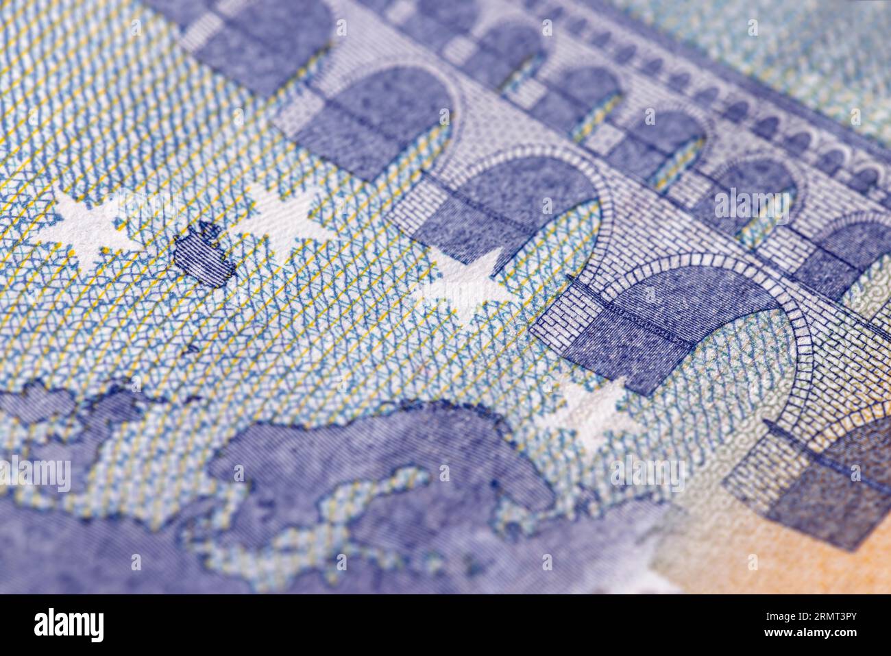 European cash banknotes with a face value of 5 euros close-up , details ...