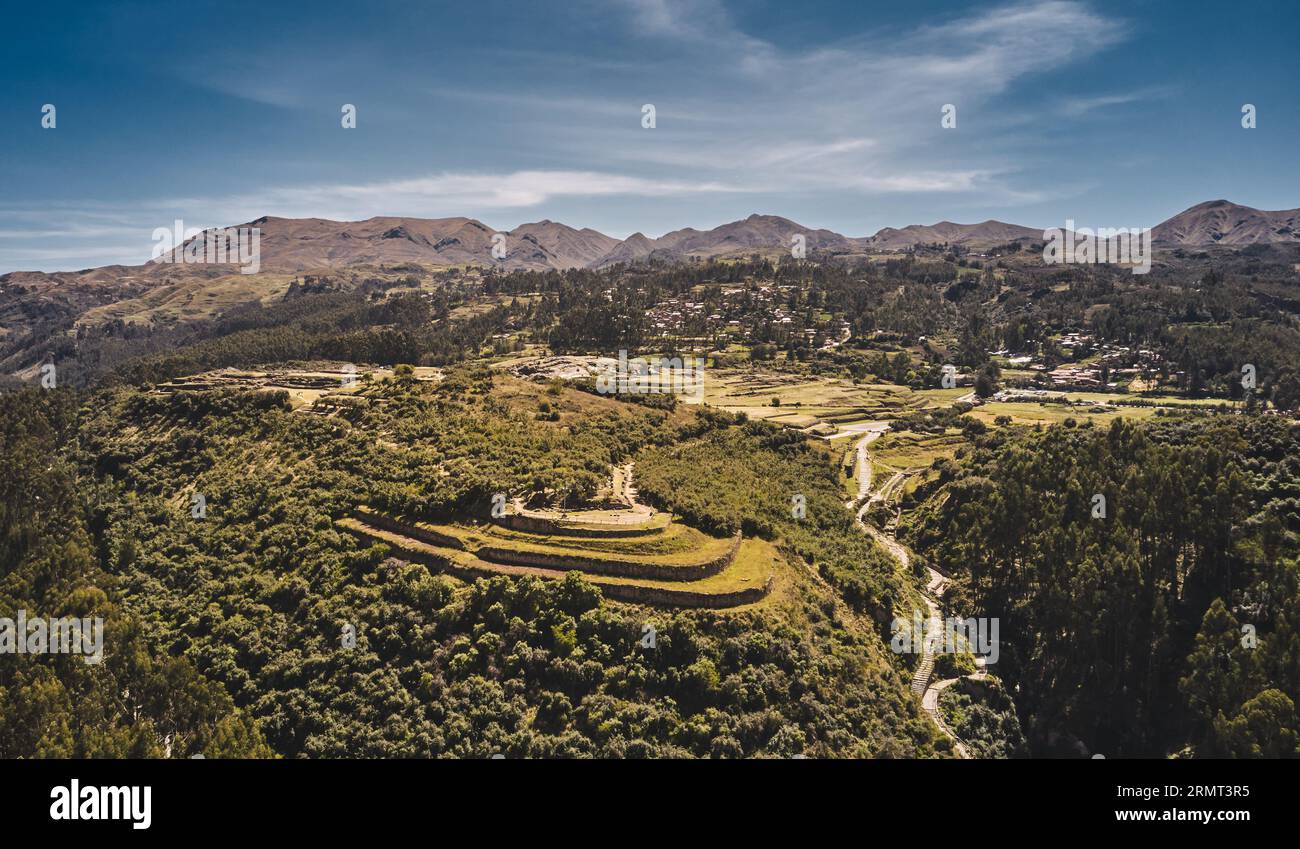 Aerial view of the inca ruins of Sacsayhuaman on the outskirts of Cusco ...