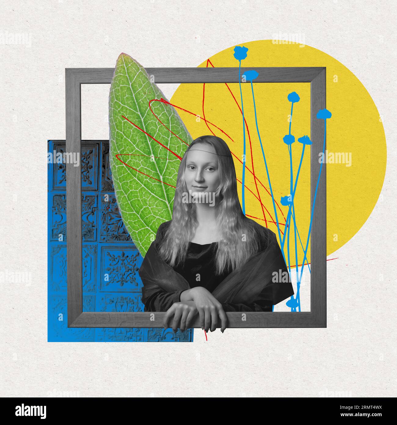 Elegant, teder girl in image of mona lisa in frame over abstract ...