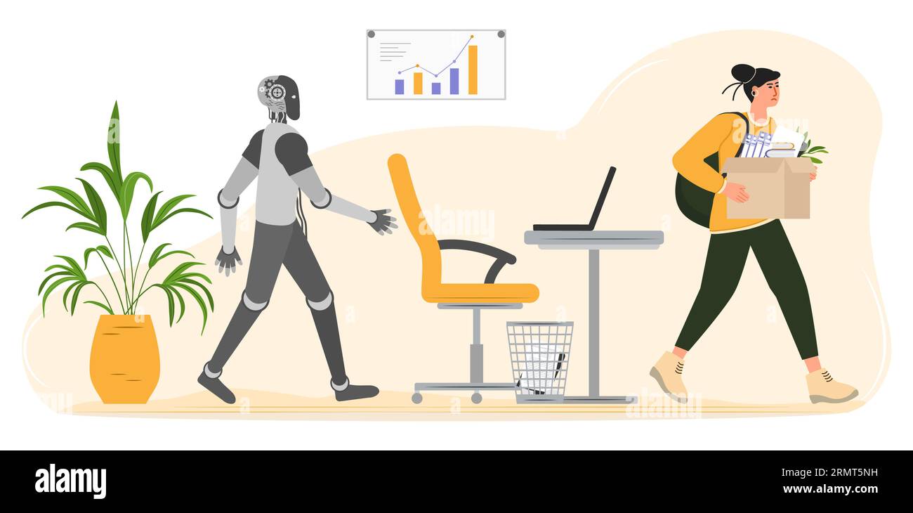 Smart AI robot took workplace, sad fired girl hold box. Unemployment ...