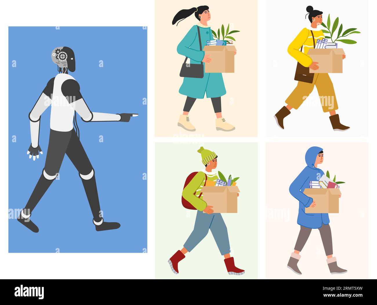 Smart AI robot took workplace, sad fired people hold boxes ...