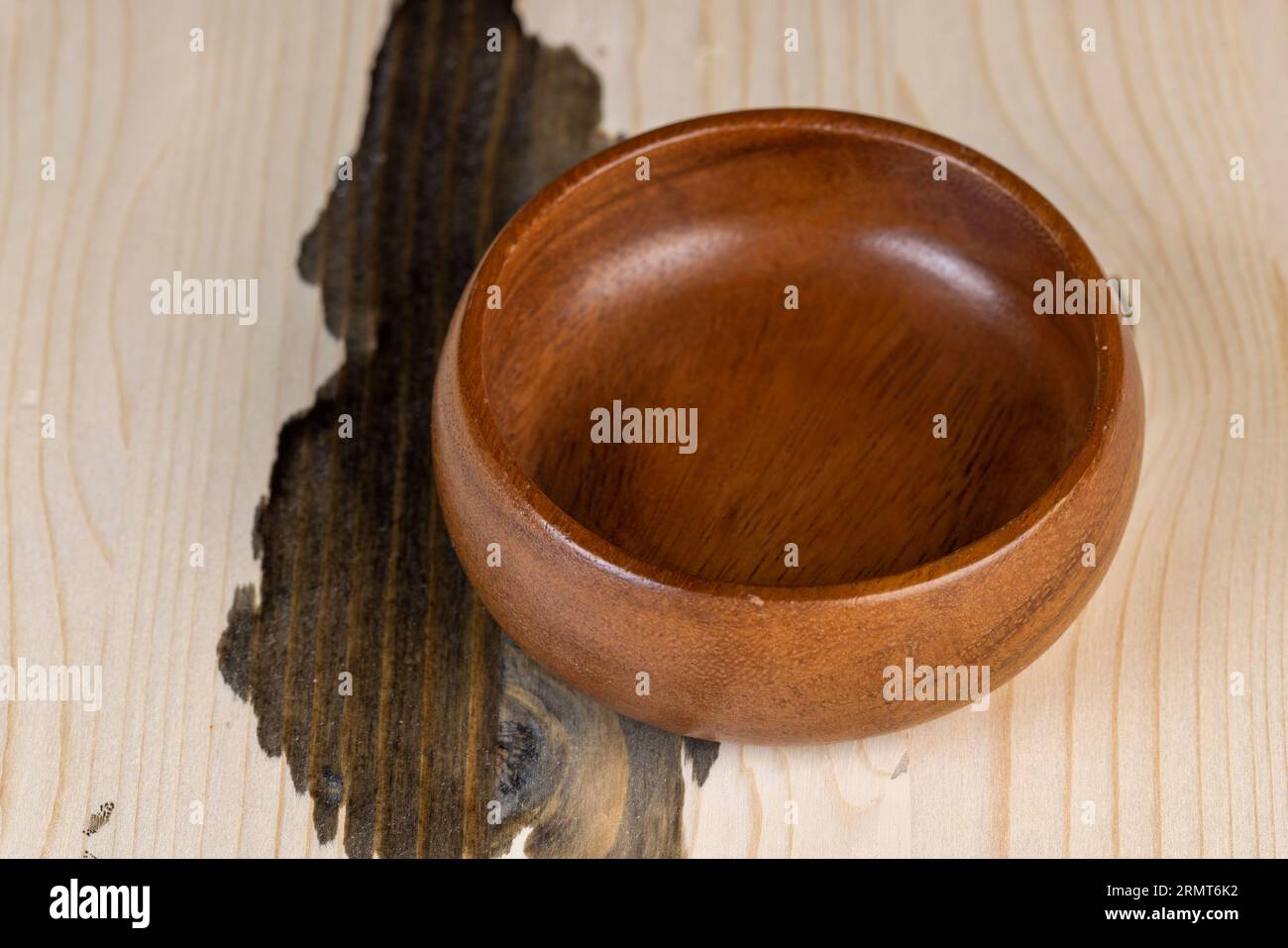 An old round wooden bowl with stains and damage, not a new round-shaped ...