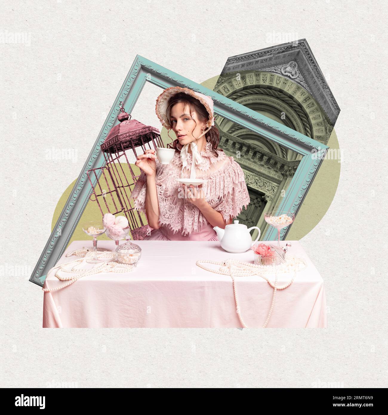 Elegant young woman, lady in pink dress drinking tea. Renaissance ...