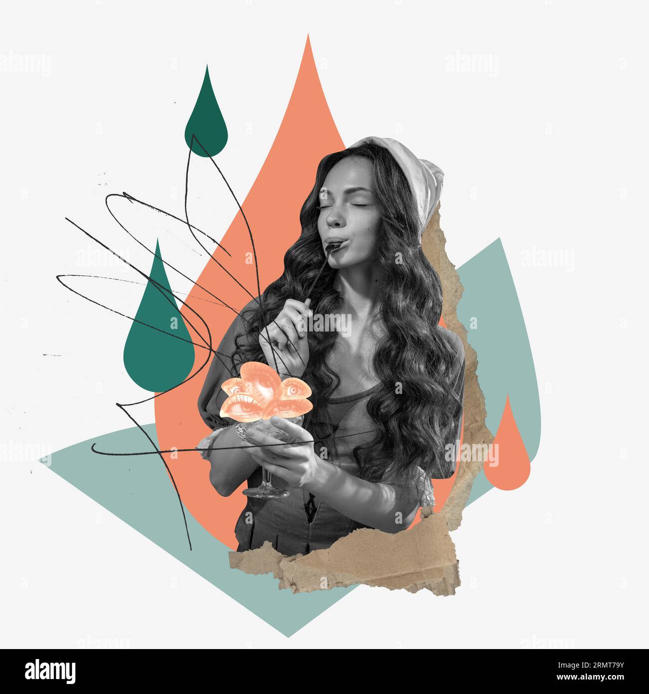 Black and white portrait of beautiful young woman holding glass with ...