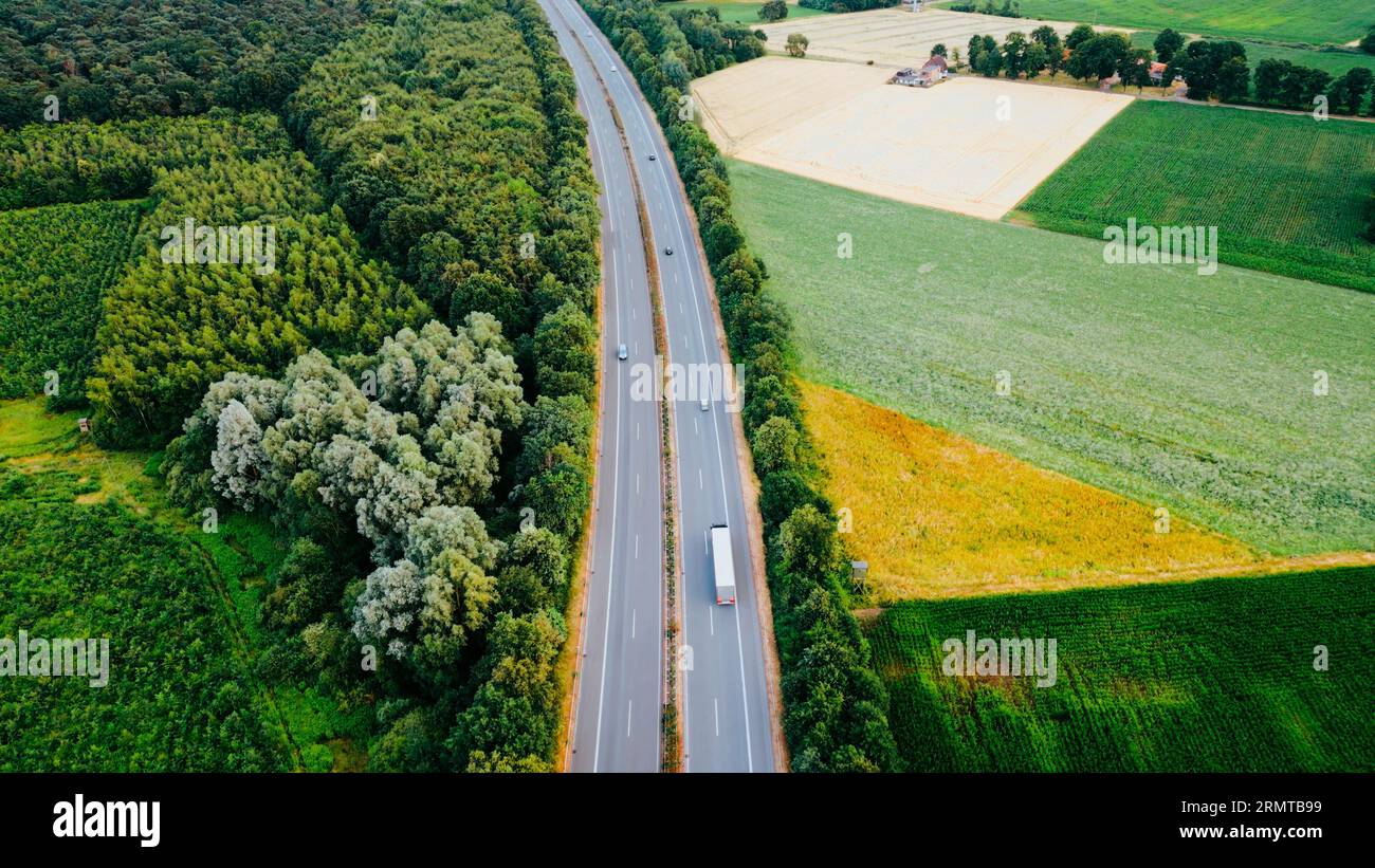 Aerial view of German highway autobahn . Drone shot of highway among ...
