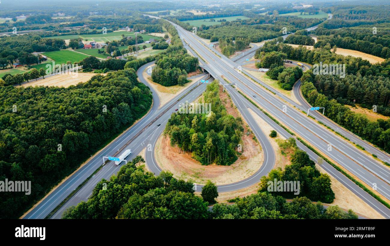 Aerial view of German highway autobahn . Drone shot of highway among ...