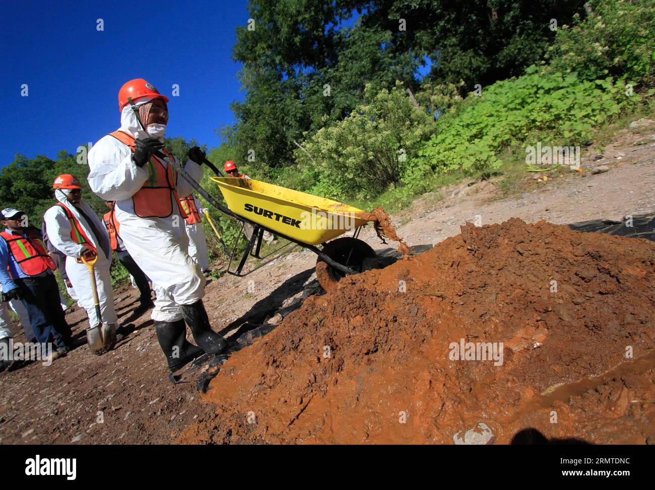 Image taken on Aug. 28, 2014, shows employees performing cleaning works ...