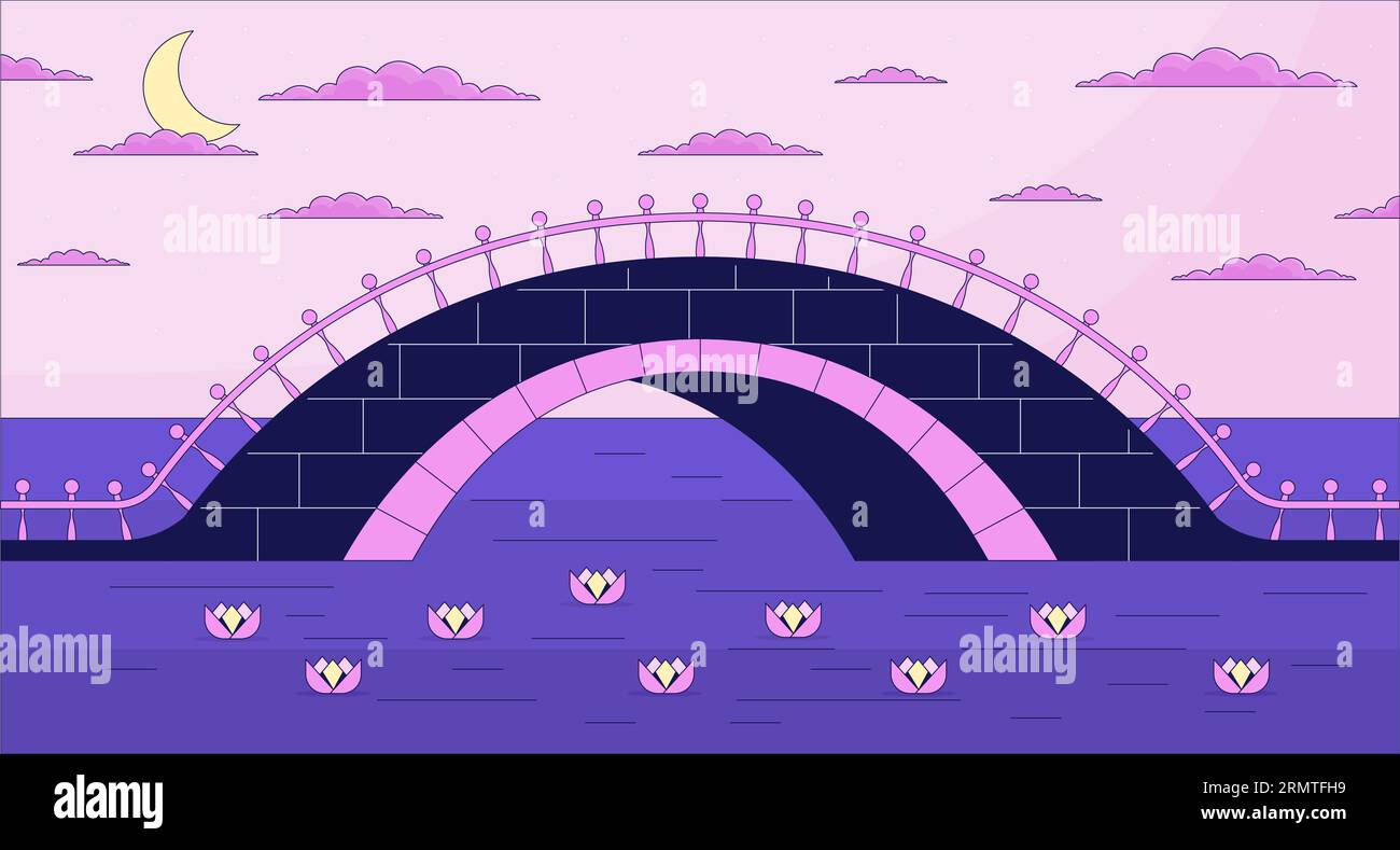Twilight bridge across river lo fi aesthetic wallpaper Stock Vector ...