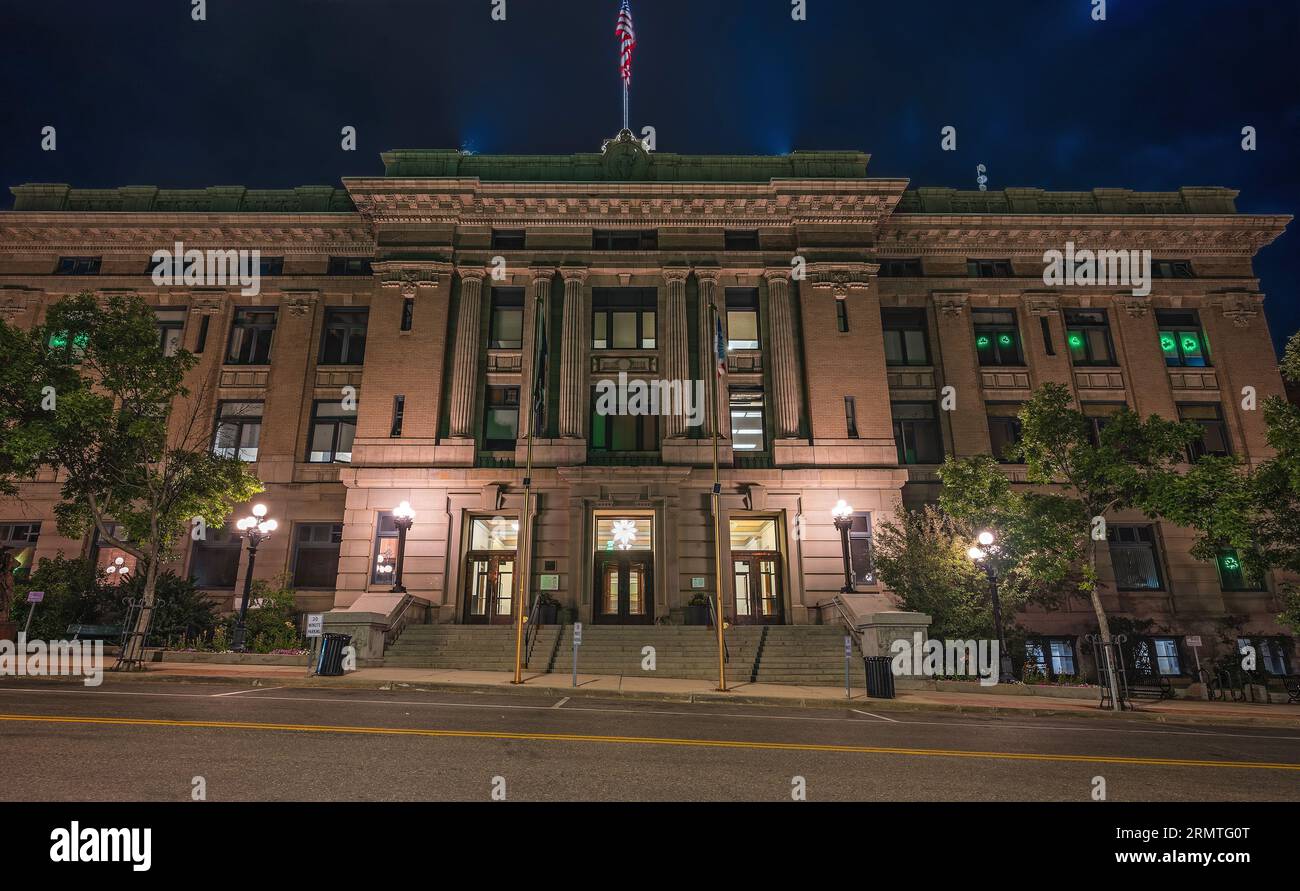 Night view of an entrance to a historic building in downtown Butte ...
