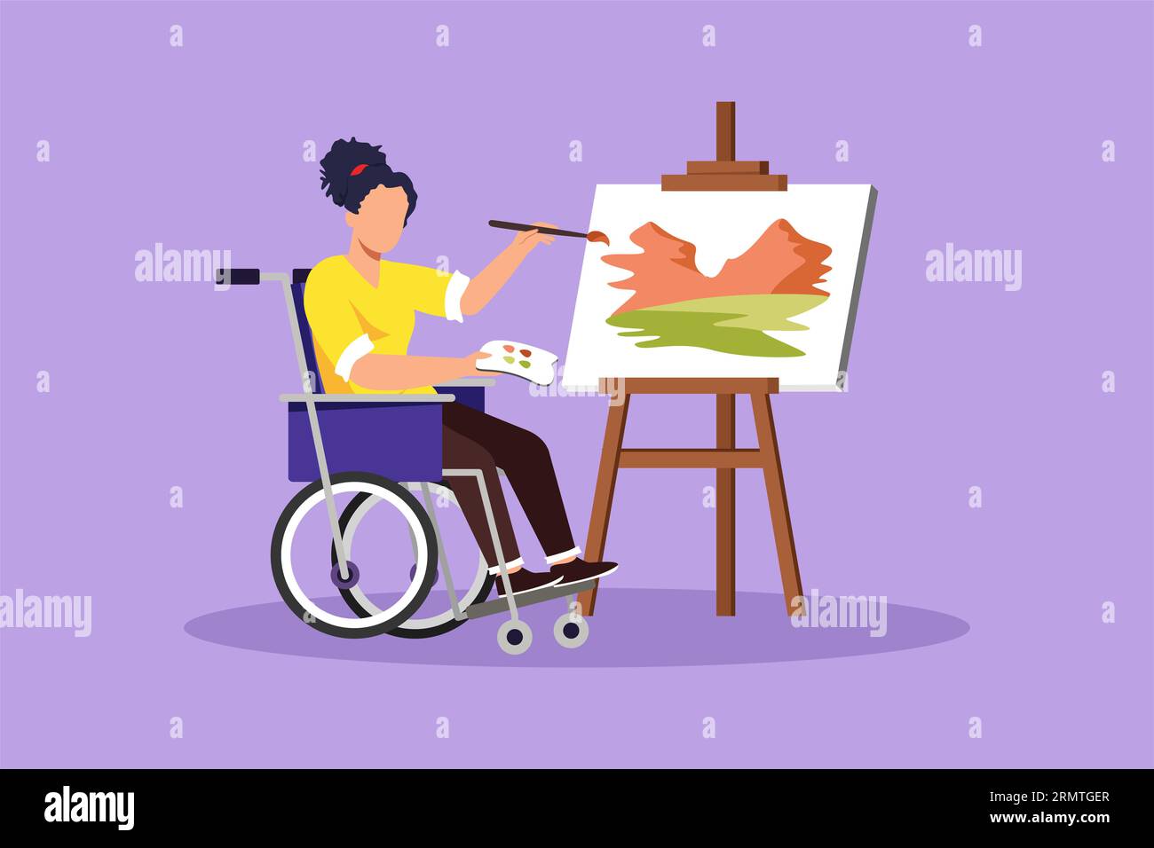 Graphic flat design drawing of disabled woman in wheelchair painting ...