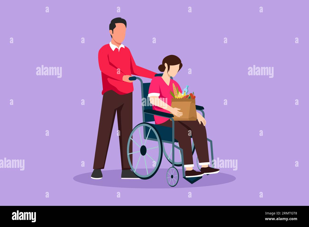 Cartoon flat style drawing young man supporting and caring disabled old ...