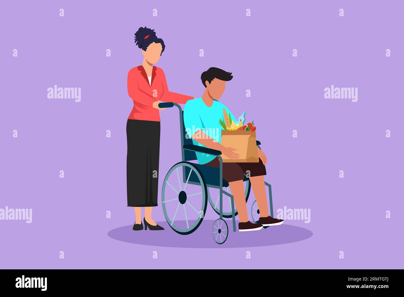 Cartoon flat style drawing social worker helping old man on wheelchair ...