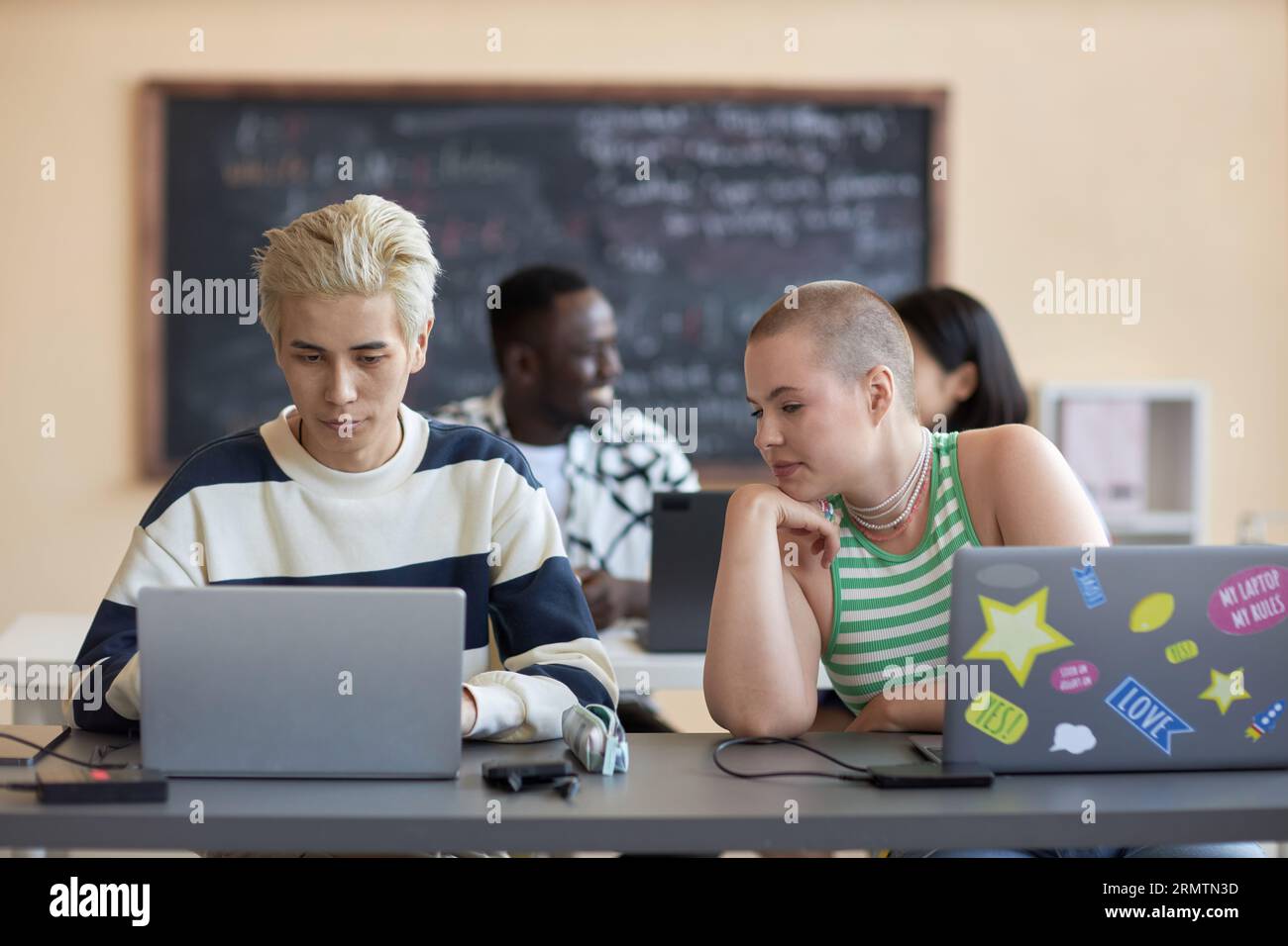 Young female student looking at screen of laptop of Asian male ...