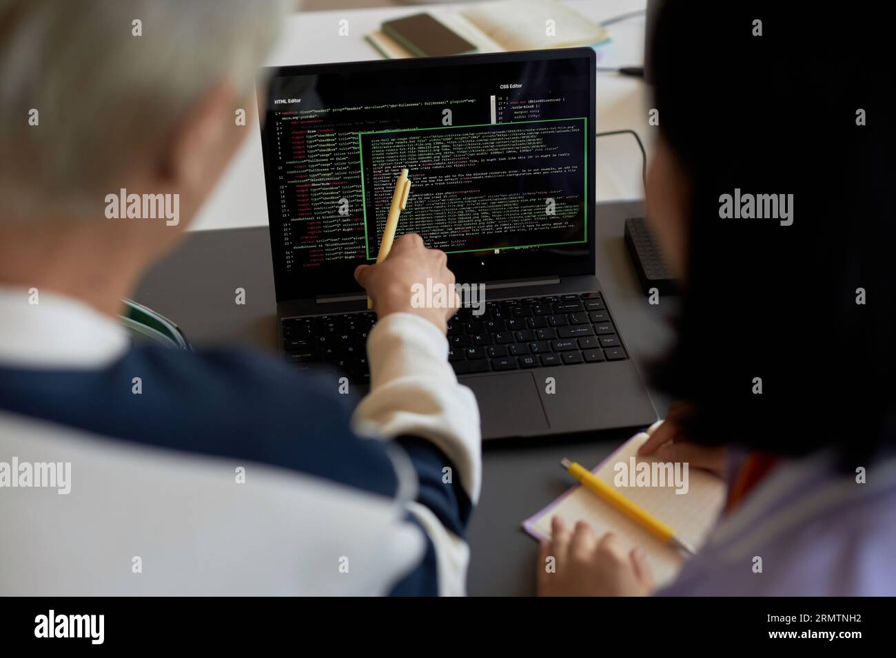 Guy with pen pointing at codes on laptop screen during presentation of ...