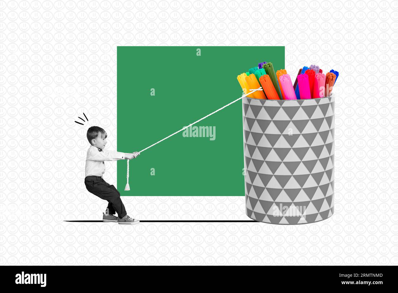 Artwork collage picture of mini black white colors boy pull string huge ...