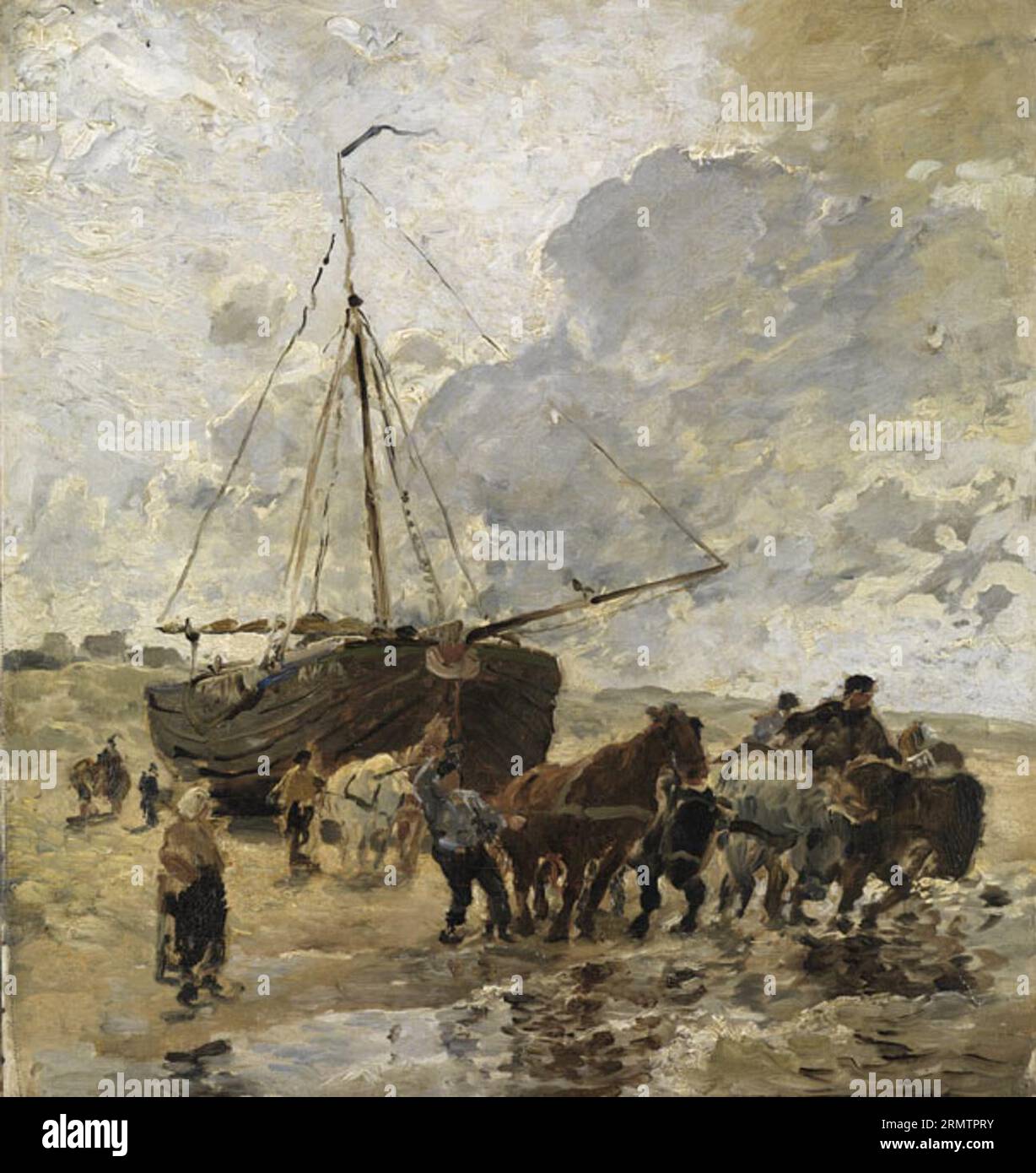 Katwijker Fischer ziehen einen Bom aus dem Schuitengat ins Wasser 1888 ...