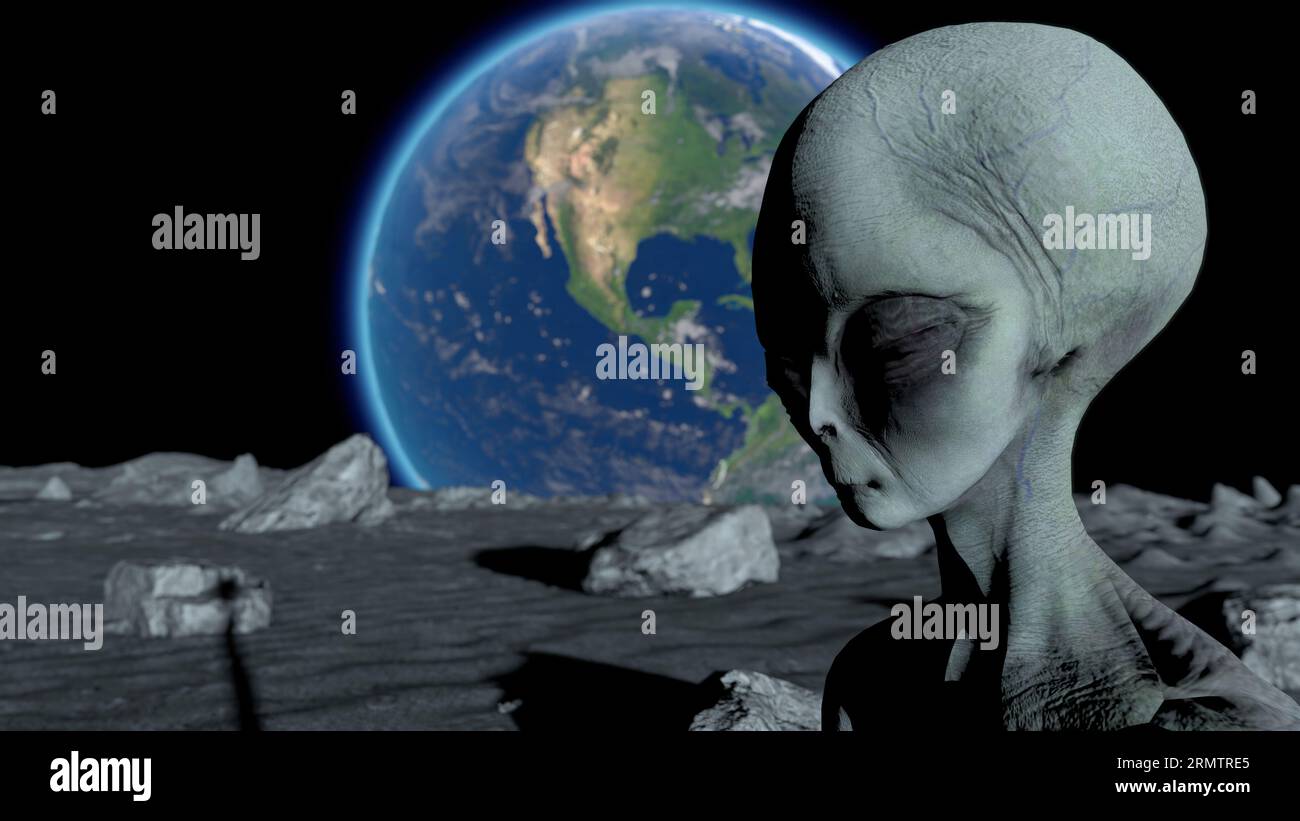 Scary gray alien stands on the moon and looks blinking. Planet Earth Is ...