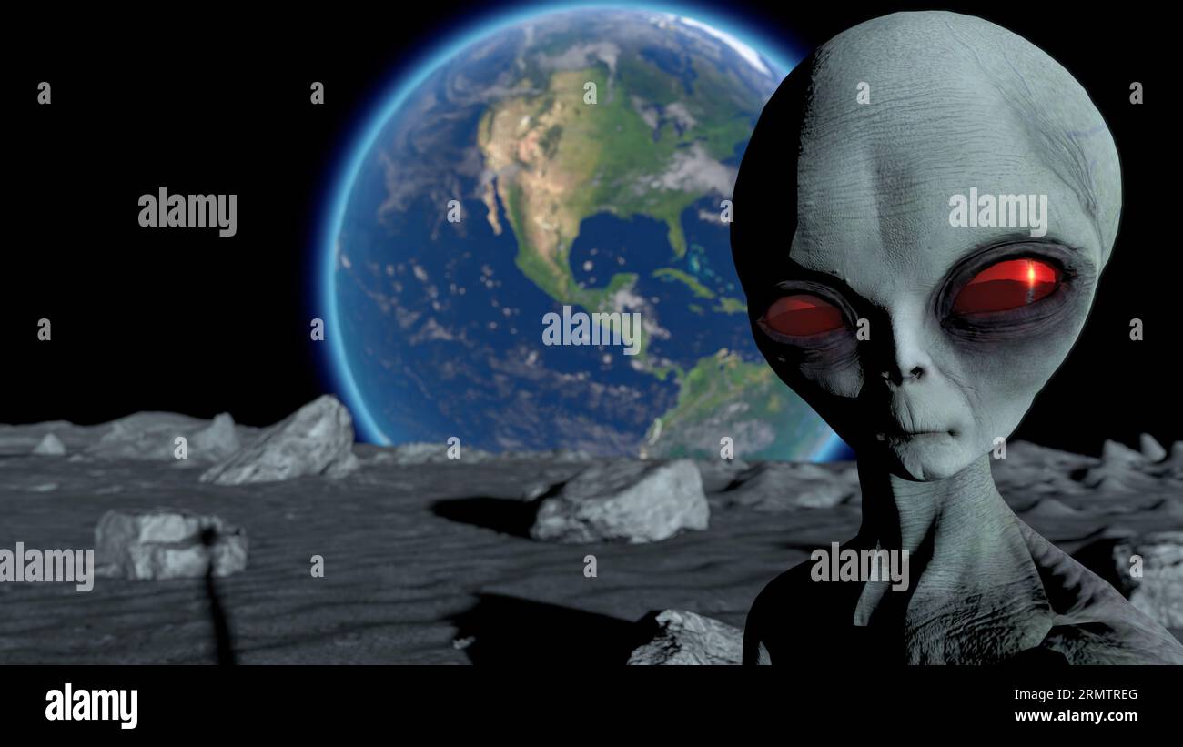 Scary gray alien stands on the moon and looks blinking. Planet Earth Is ...