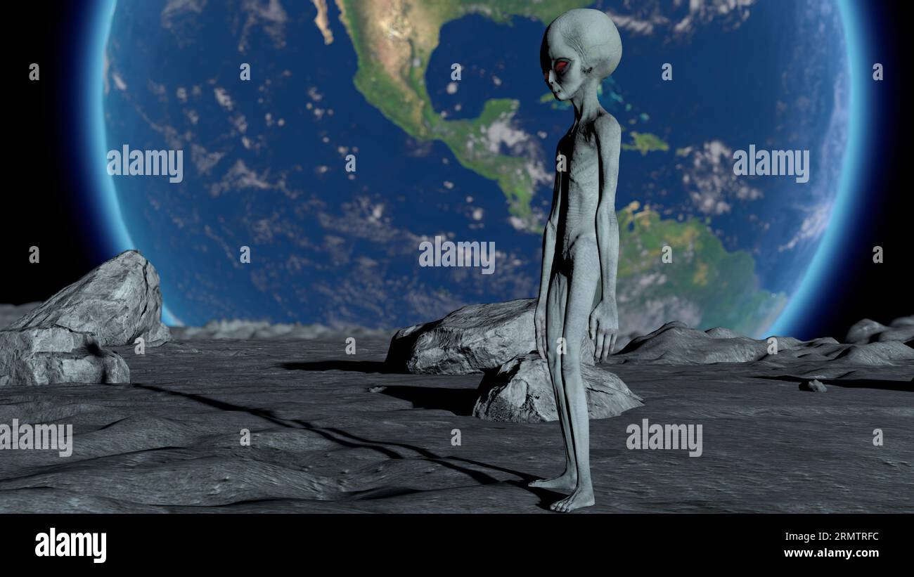 Scary gray alien stands on the moon and looks blinking. Planet Earth Is ...