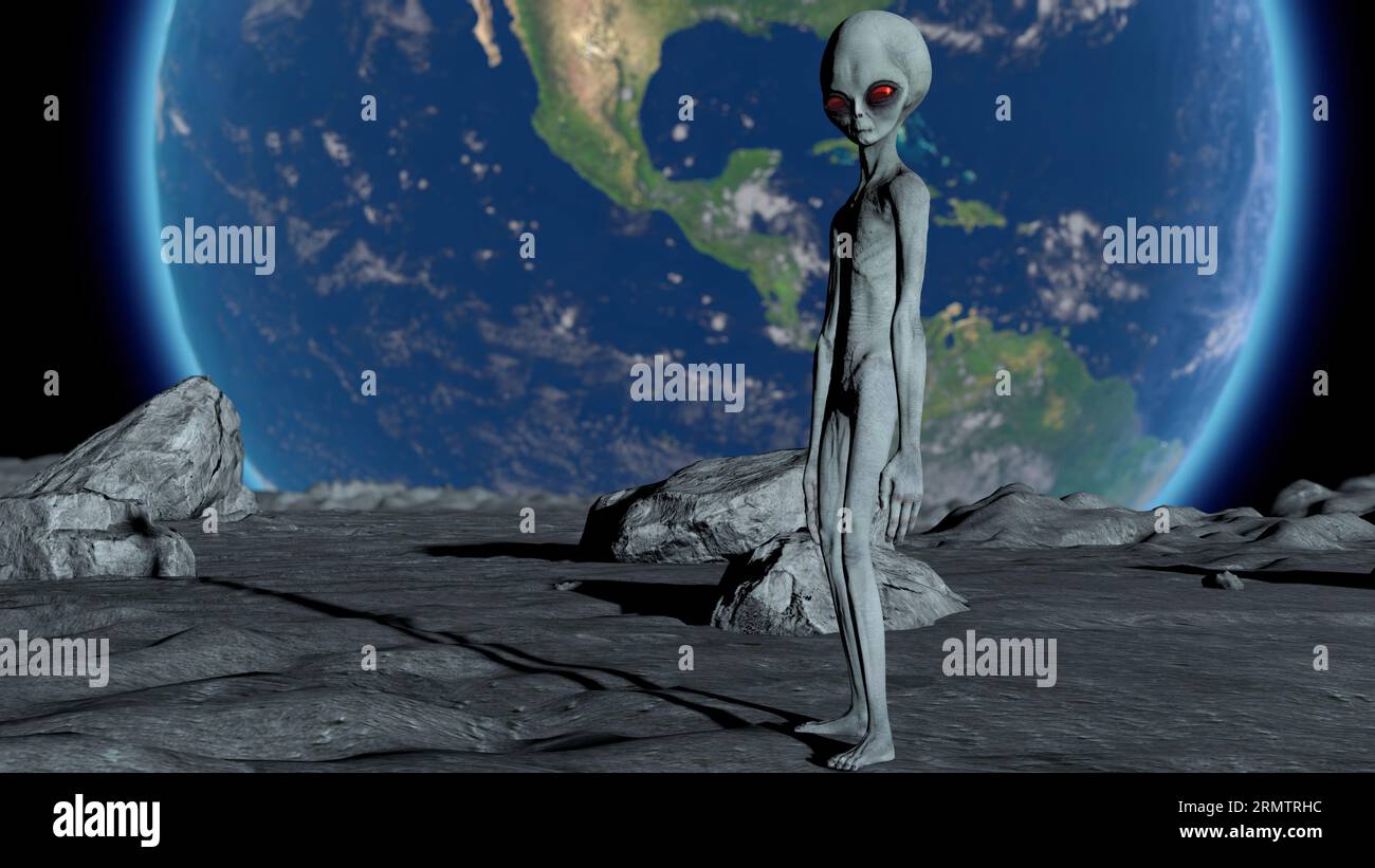 Scary gray alien stands on the moon and looks blinking. Planet Earth Is ...