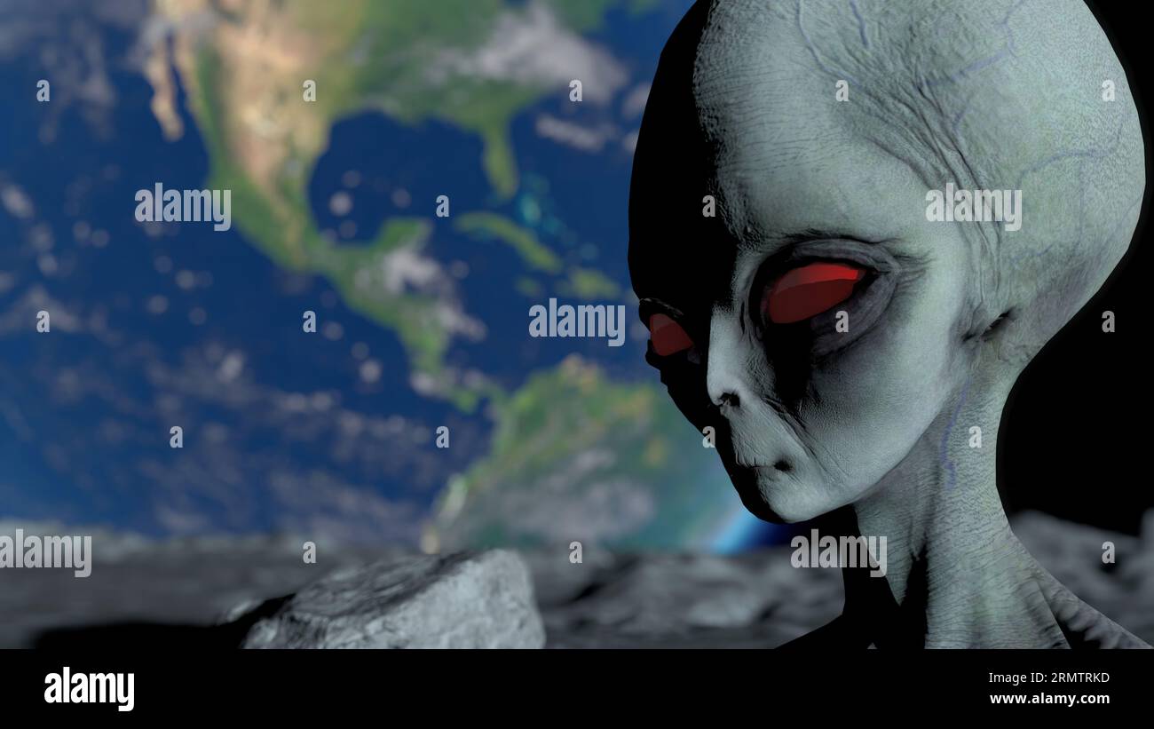 Scary gray alien stands on the moon and looks blinking. Planet Earth Is ...