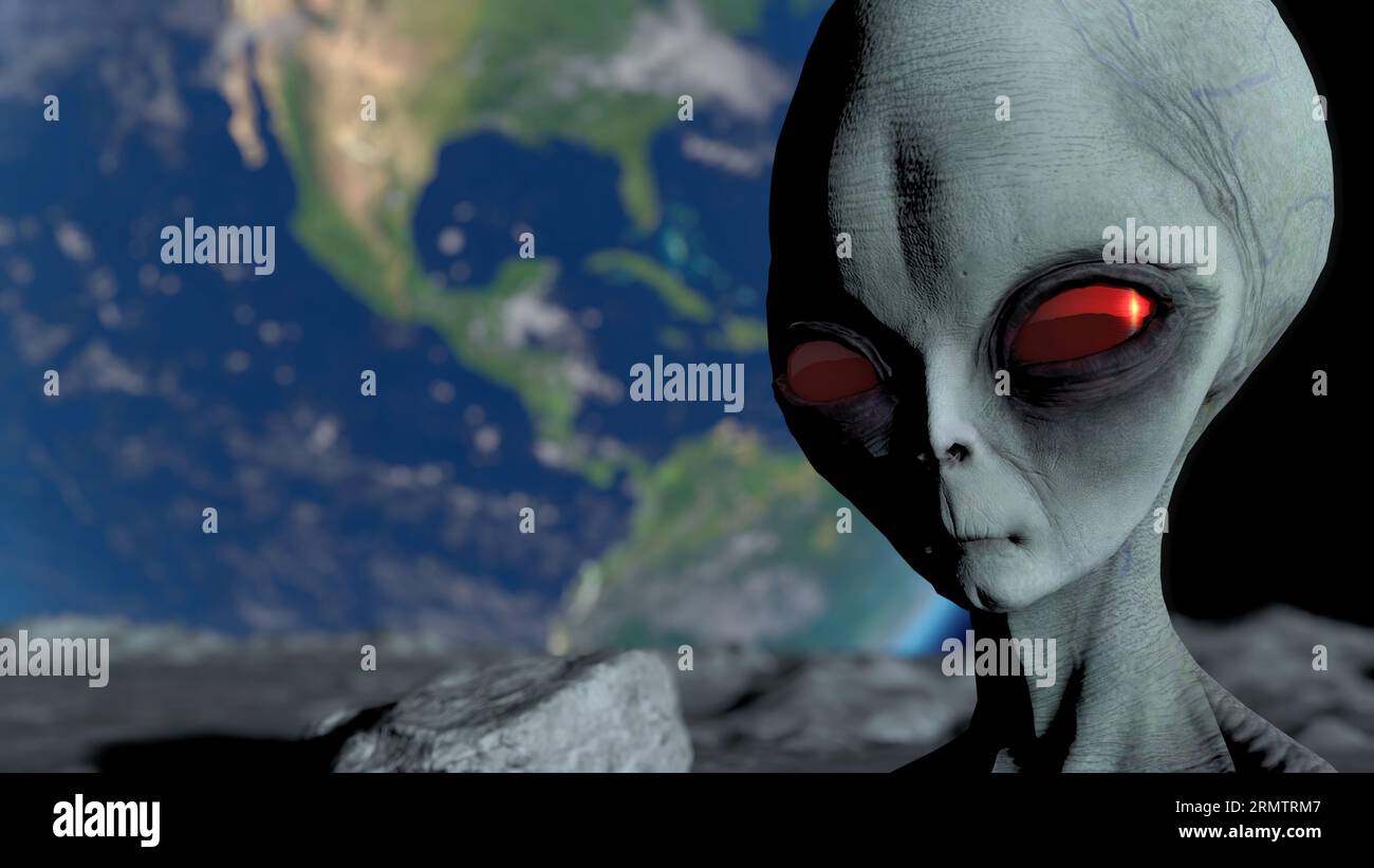 Scary gray alien stands on the moon and looks blinking. Planet Earth Is ...