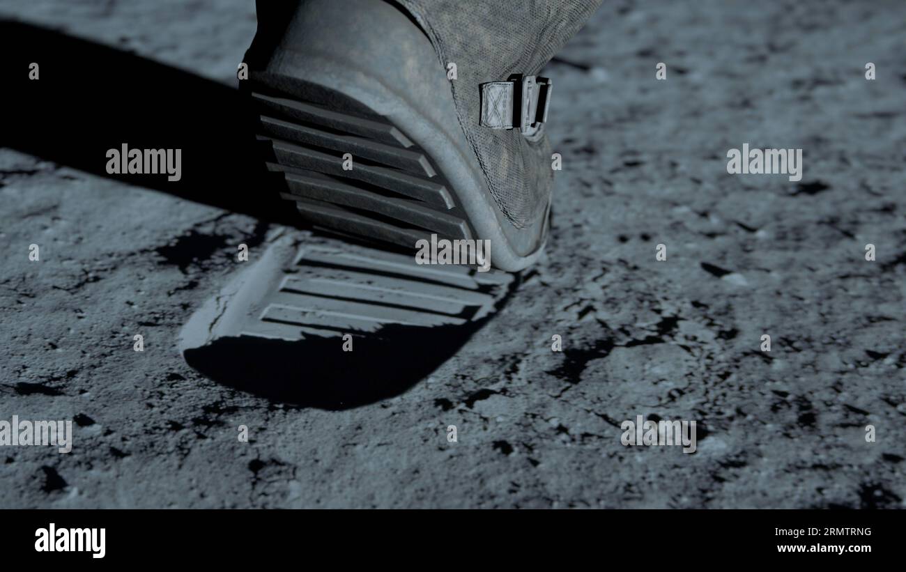 3D rendering. Lunar astronaut walking on the moon's surface and leaves ...
