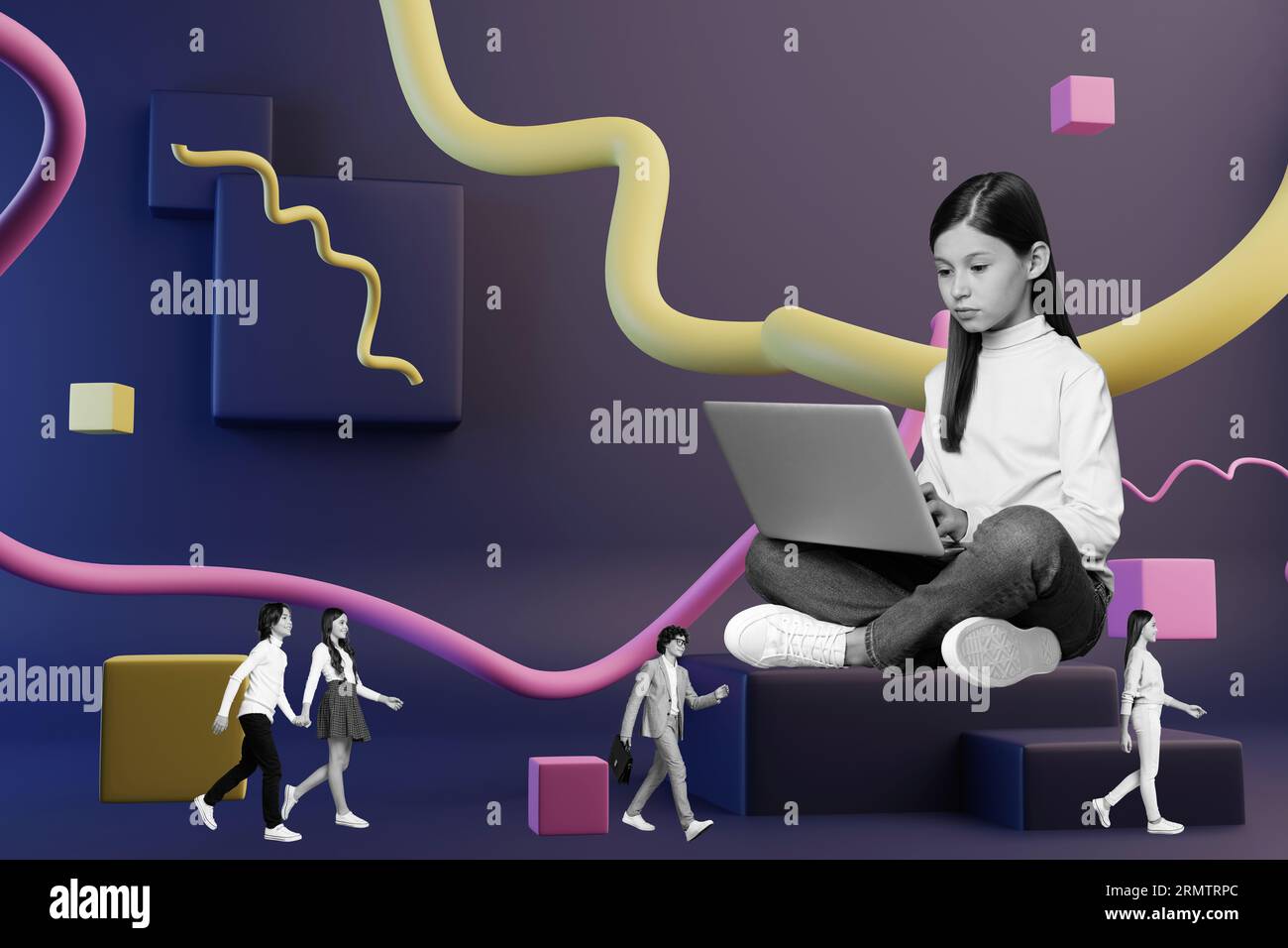 3d futurism picture collage of small schoolgirl sitting study online ...