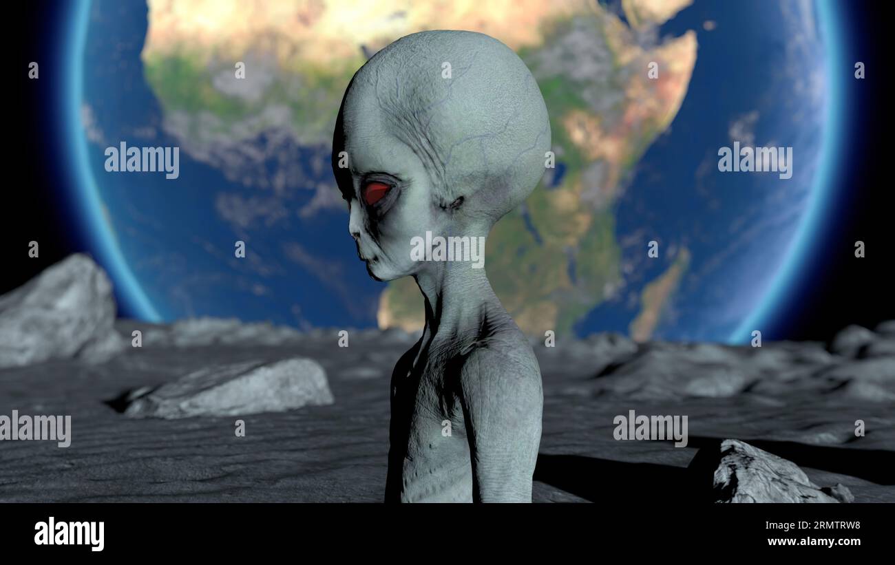 Scary gray alien stands on the moon and looks blinking. Planet Earth Is ...