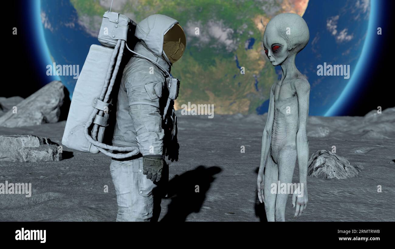 An astronaut and a gray alien stand looking at each other on the moon ...