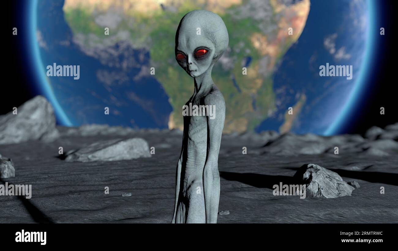 Scary gray alien stands on the moon and looks blinking. Planet Earth Is ...