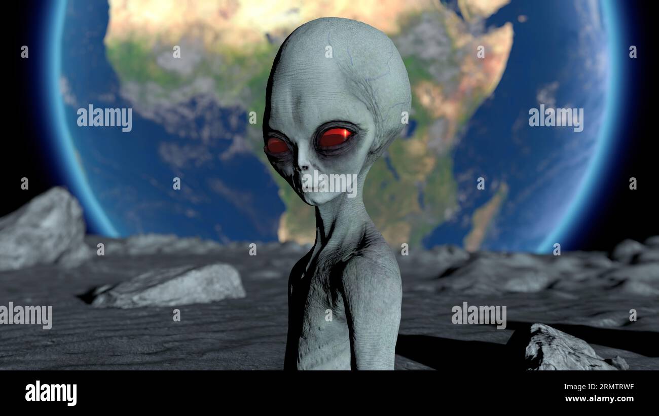 Scary gray alien stands on the moon and looks blinking. Planet Earth Is ...