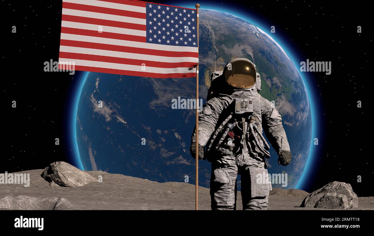 Lunar astronaut walks on the moon with American flag, sticks it into ...