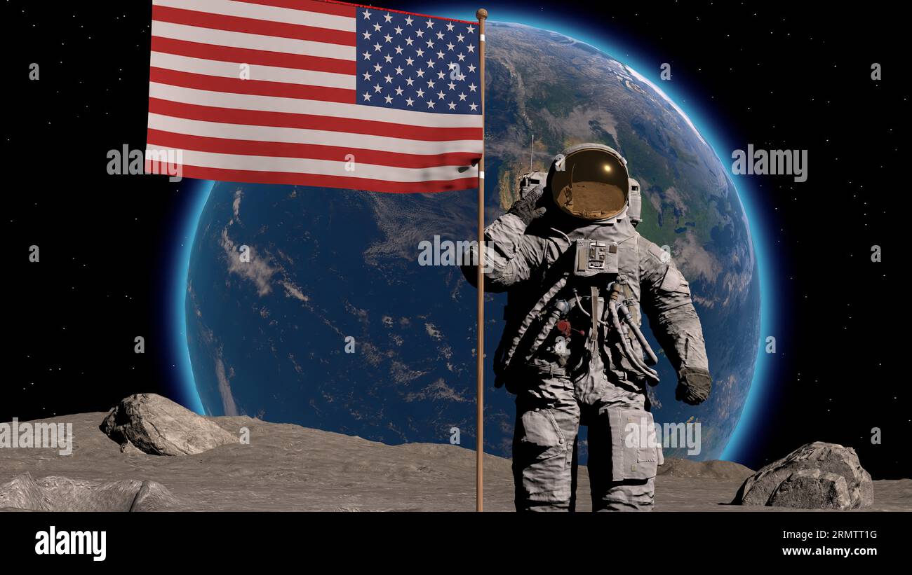 Lunar astronaut walks on the moon with American flag, sticks it into ...