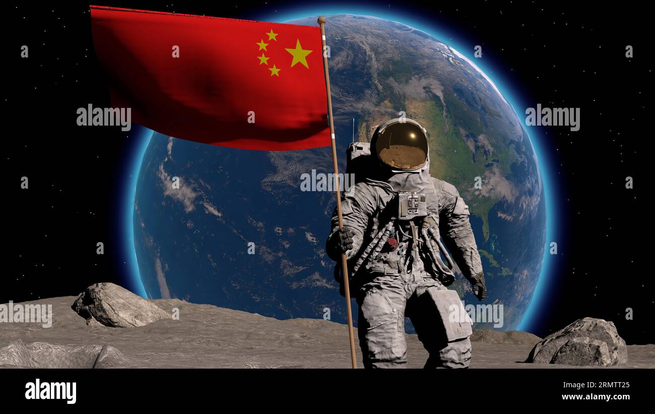 Lunar astronaut walks on the moon with chinese flag and salutes. Some ...