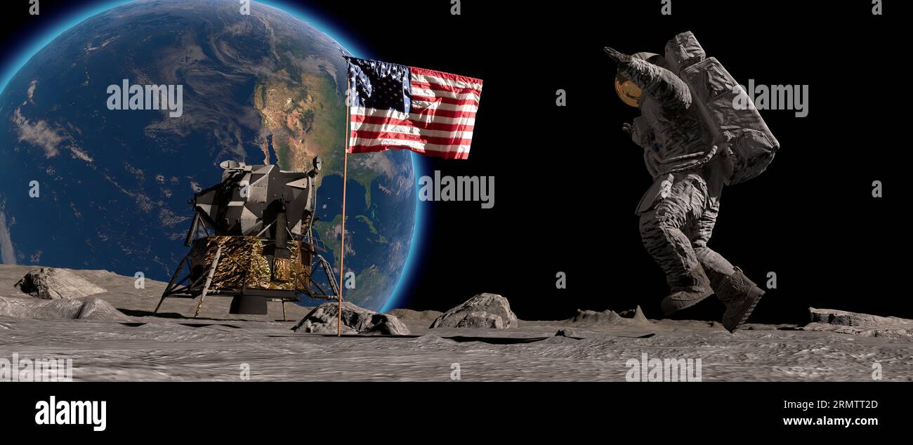 Lunar astronaut jumping on the moon and saluting the American flag ...