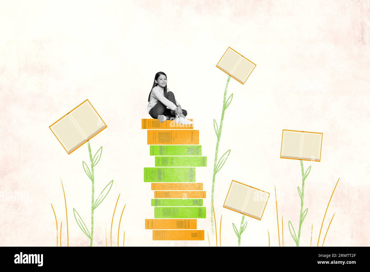 Collage artwork of little cute schoolgirl sitting stack drawn comics ...